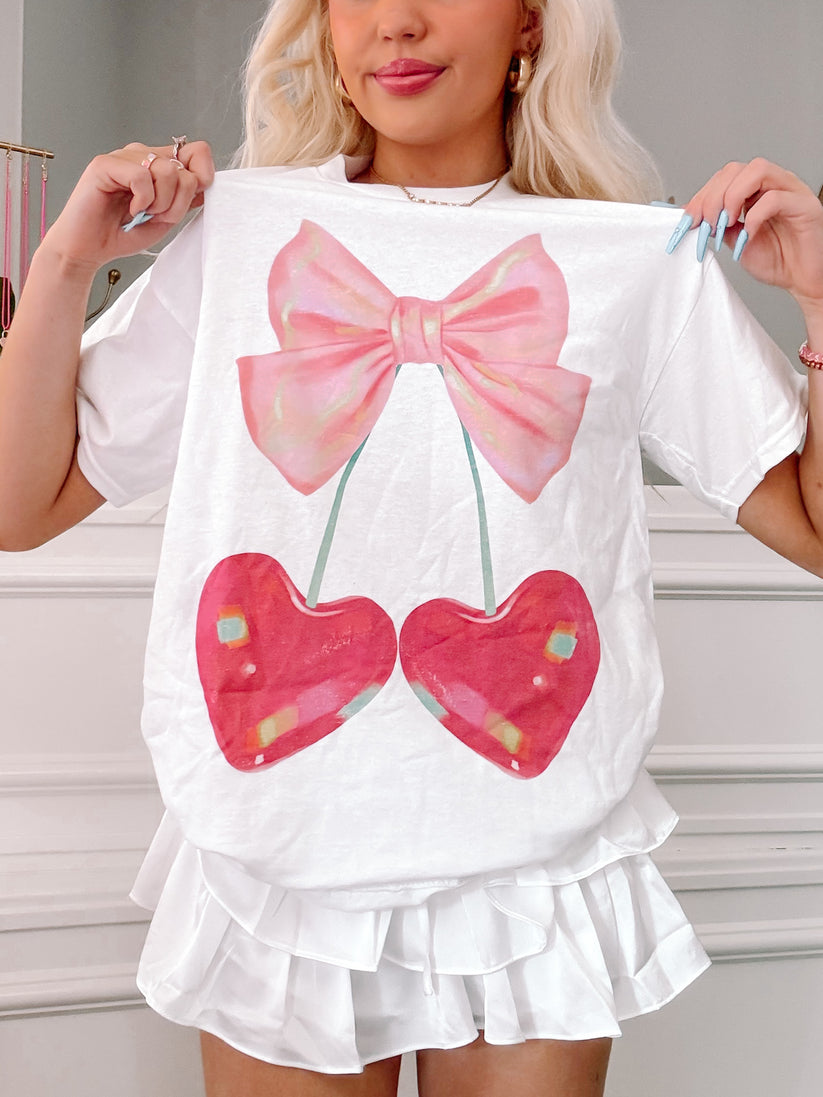 Cherry White Bow Tee | Sassy Shortcake Boutique